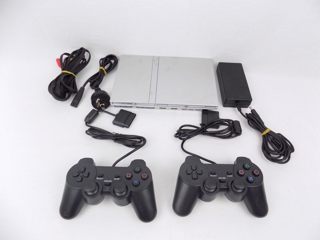 Ps2 Playstation 2 Silver Slim Console Bundle + 2x Controllers + Cables ...