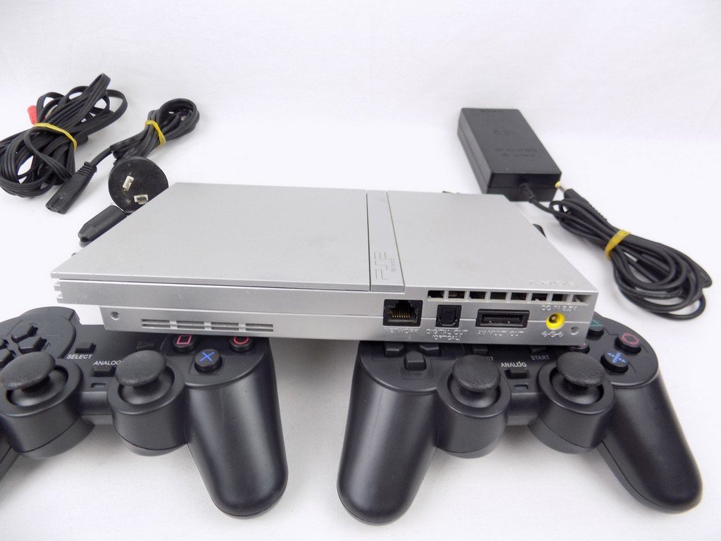 Ps2 Playstation 2 Silver Slim Console Bundle + 2x Controllers + Cables ...