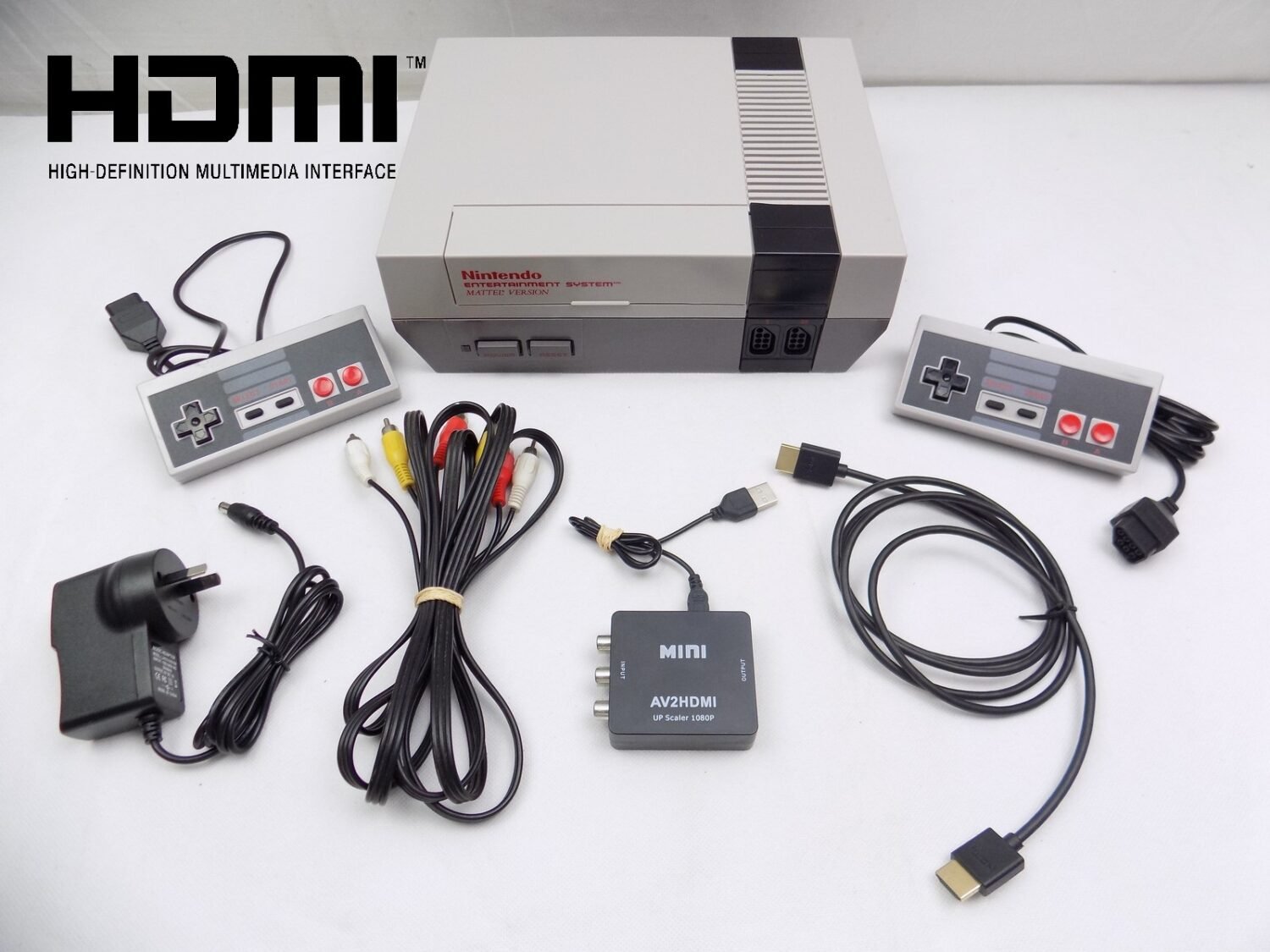 Nintendo NES Console + HDMI Converter + 2x Controllers + Cables ...